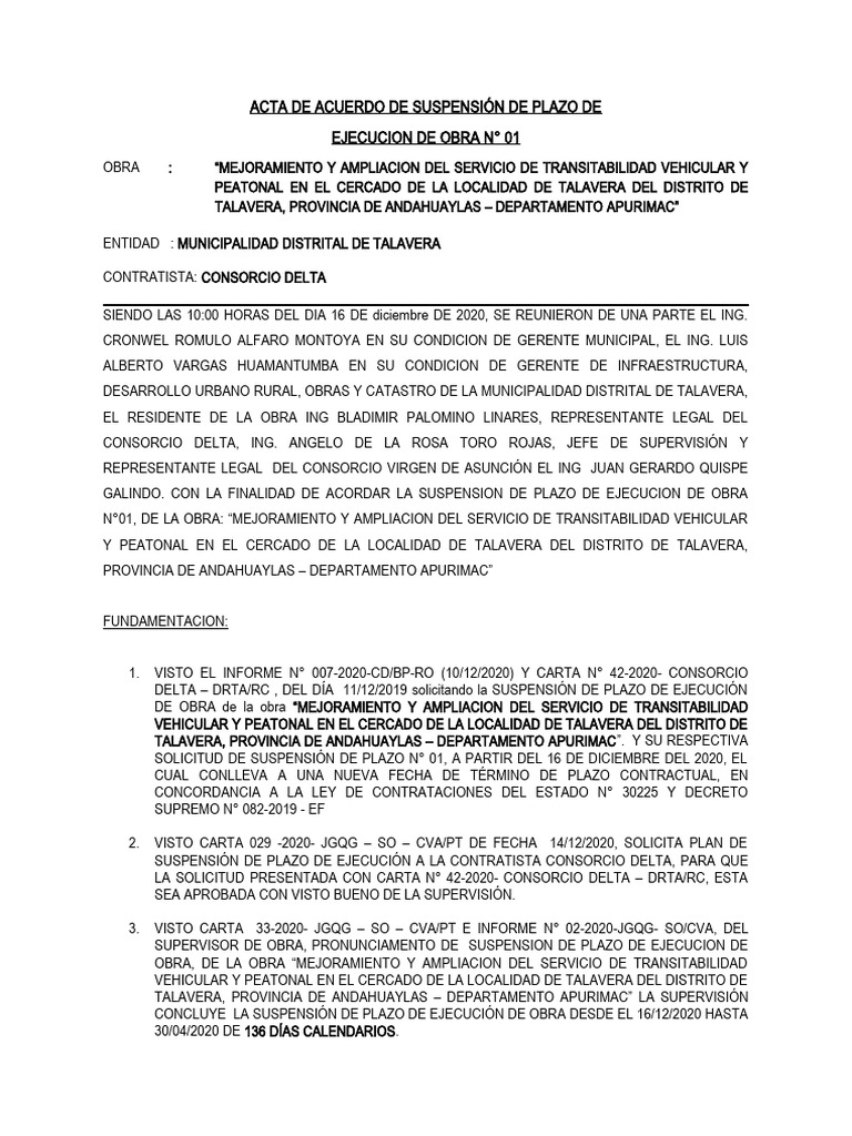 Acta de Acuerdo de Suspensión de Plazo de Ejecucion de Obra #02 | PDF | Precipitación