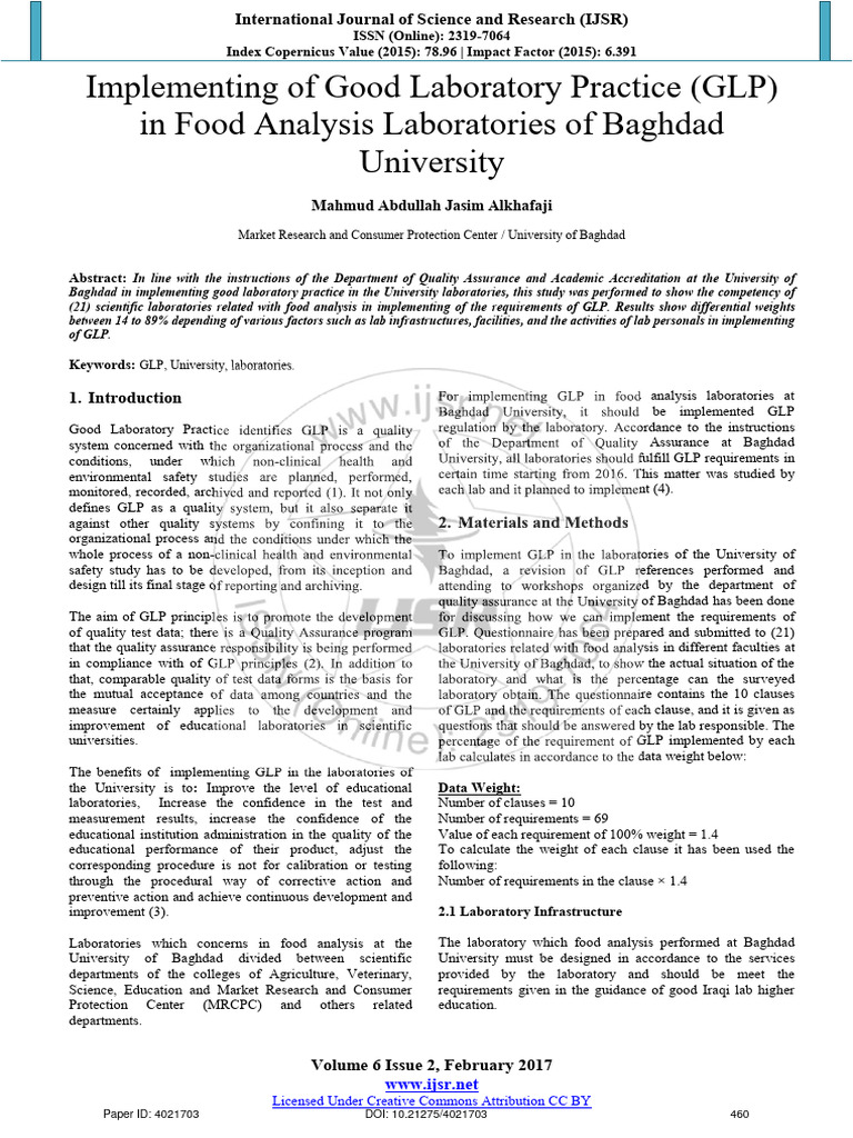 Implementing of Good Laboratory Practice (GLP) in Food Analysis ...