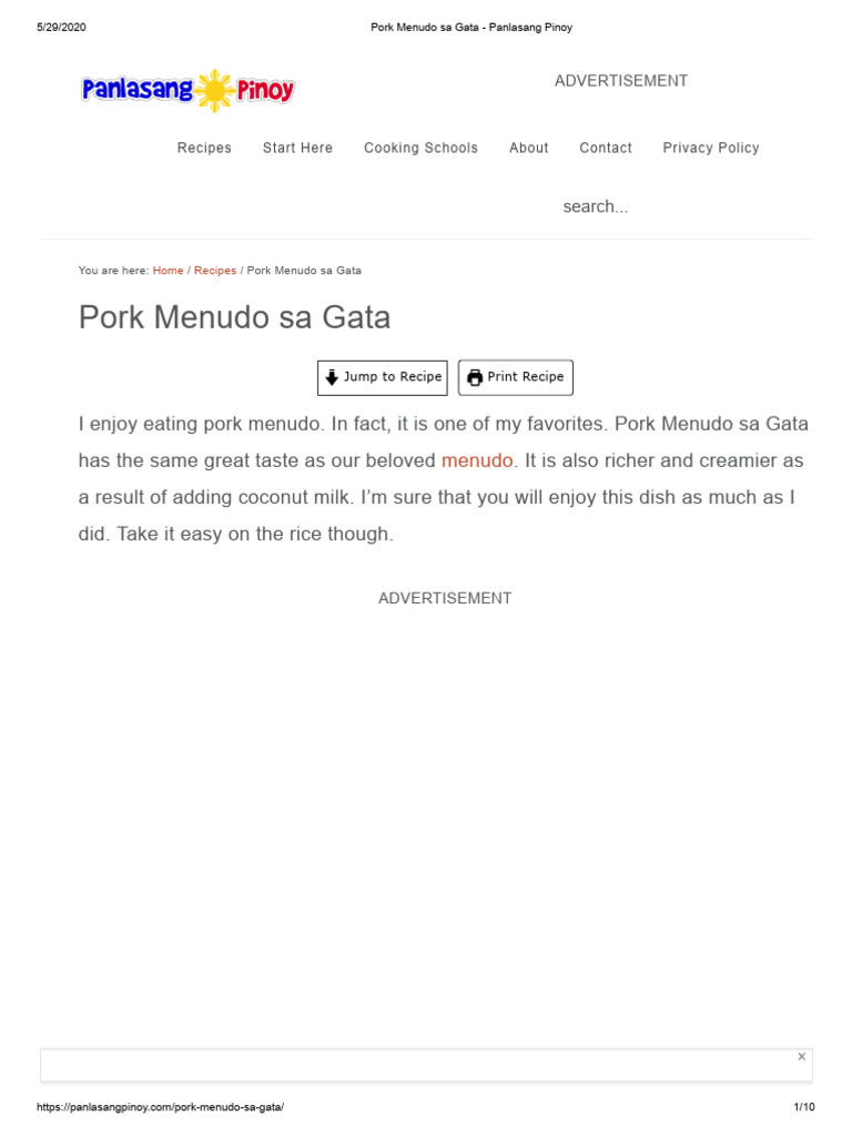 Pork Menudo Sa Gata - Panlasang Pinoy | PDF | Cooking | Tomato Sauce