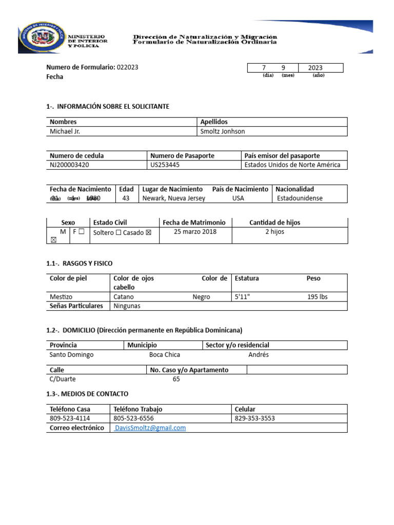 1 - Formulario de Naturalizacion - Ministerio de Interior y Policia | PDF 1 - Formulario de Naturalizacion - Ministerio de Interior y Policia | PDF