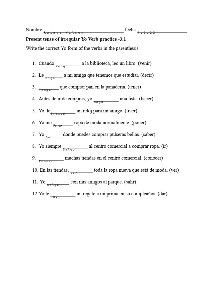 Annotated-Present Tense Irregular Yo Verb Practice PDF | PDF