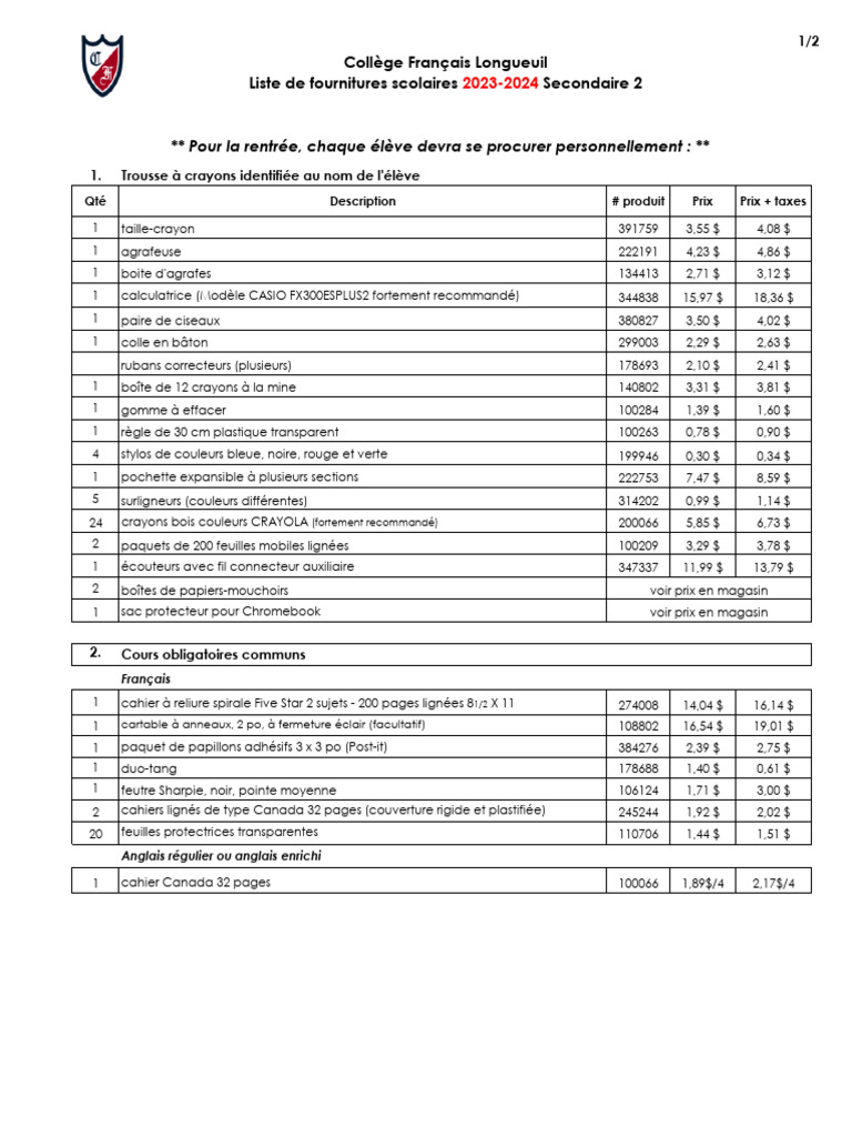 Liste Fournitures Scolaires 2023-2024 - Deuxième Secondaire | PDF ...