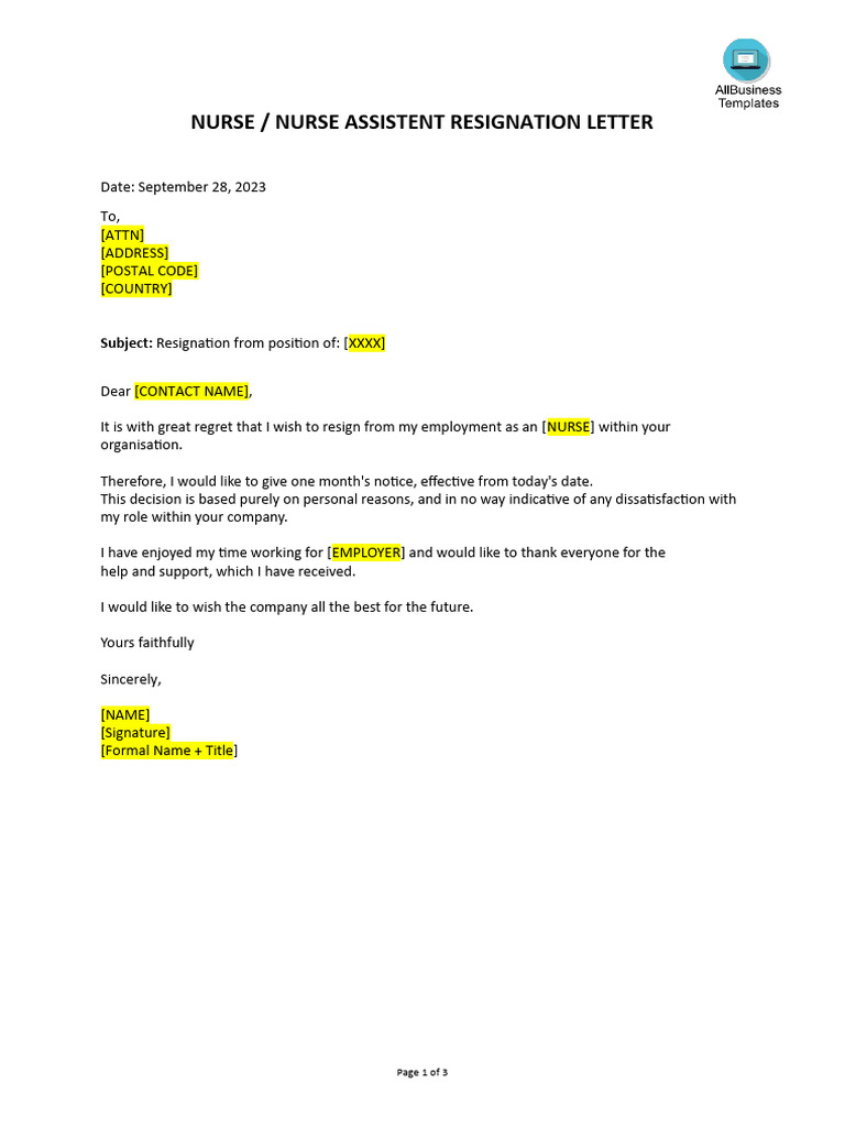 Nurse Resignation Letter Sample | PDF