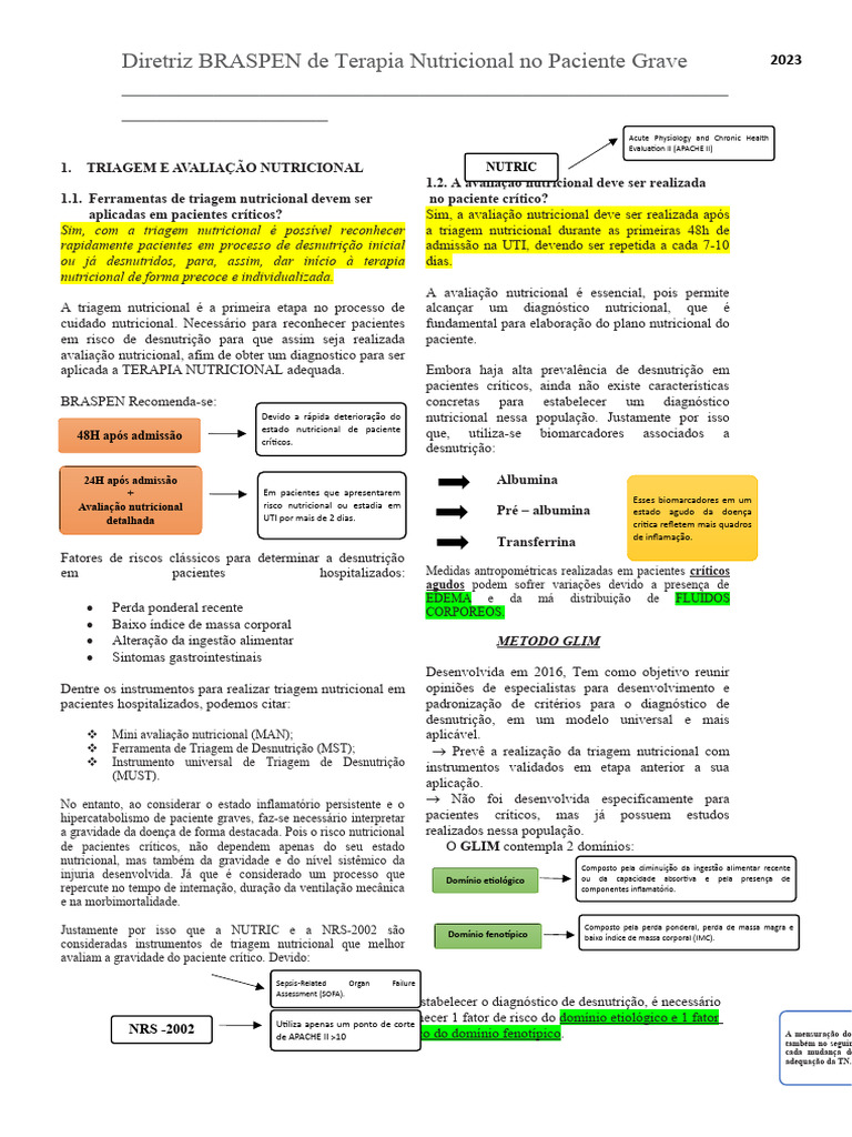 RESUMO Diretriz BRASPEN de Terapia Nutricional No Paciente Grave | PDF