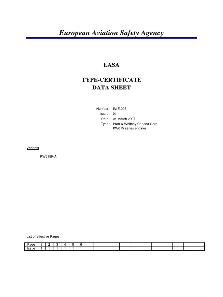 EASA-TCDS-E.025 (IM) Pratt and Whitney Canada PW615 Series Engines-01 ...
