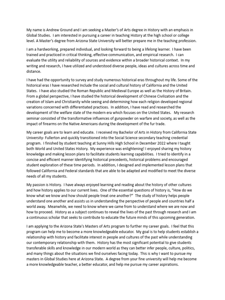 Andrew Ground - Purpose Statement For ASU | PDF