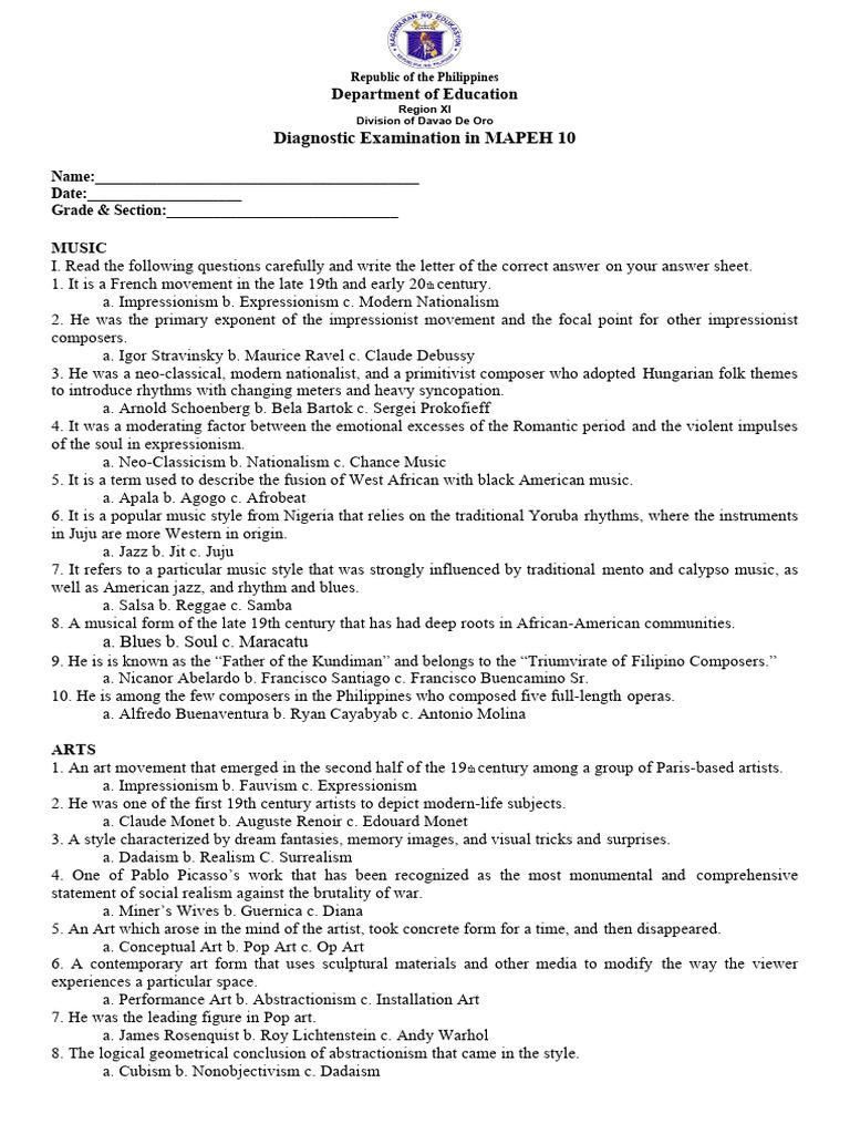 MAPEH 10 Diagnostic Test 2023 | PDF