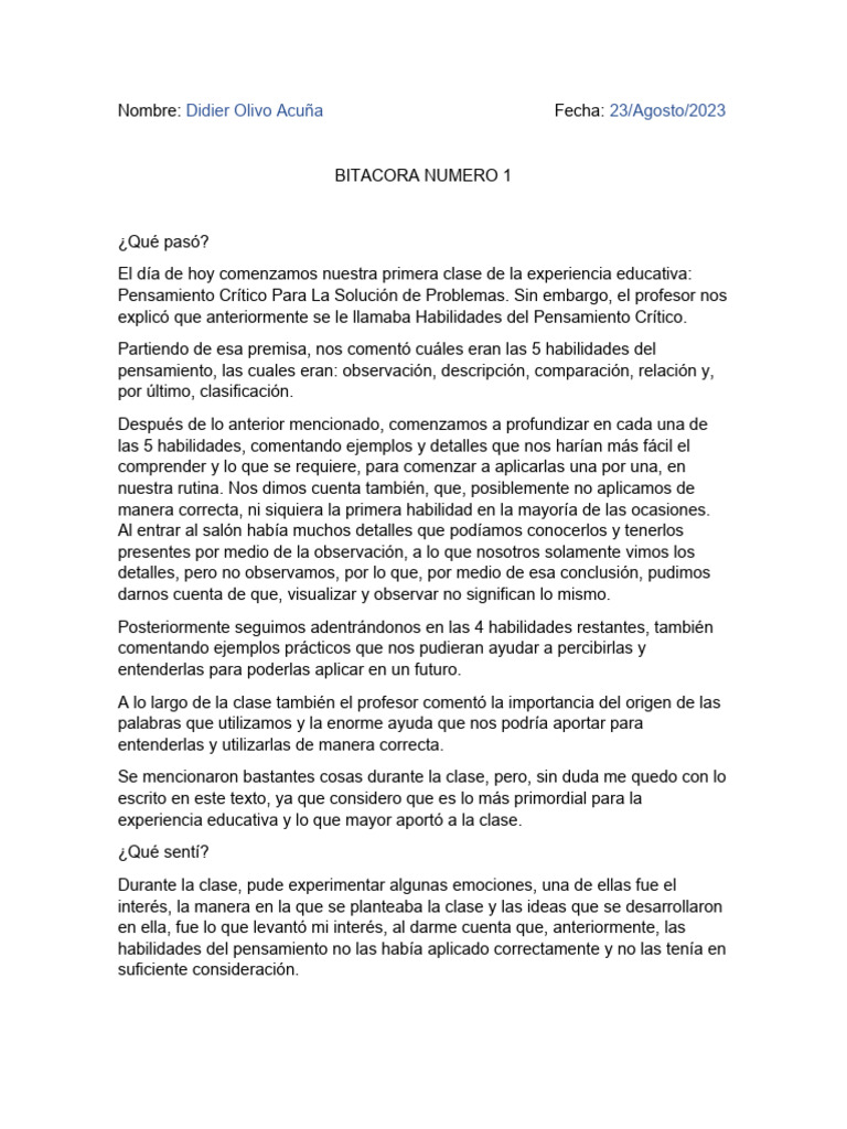 Bitácora No. 1 | PDF | Pensamiento | Pensamiento crítico