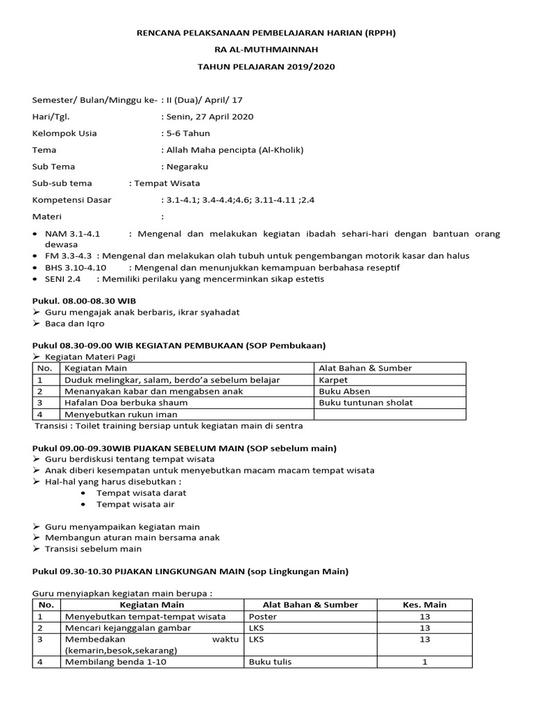 RPPH Kel.b RA AM Senin, 27-4-2020 | PDF | Kesehatan Holistik | Sains & Matematika