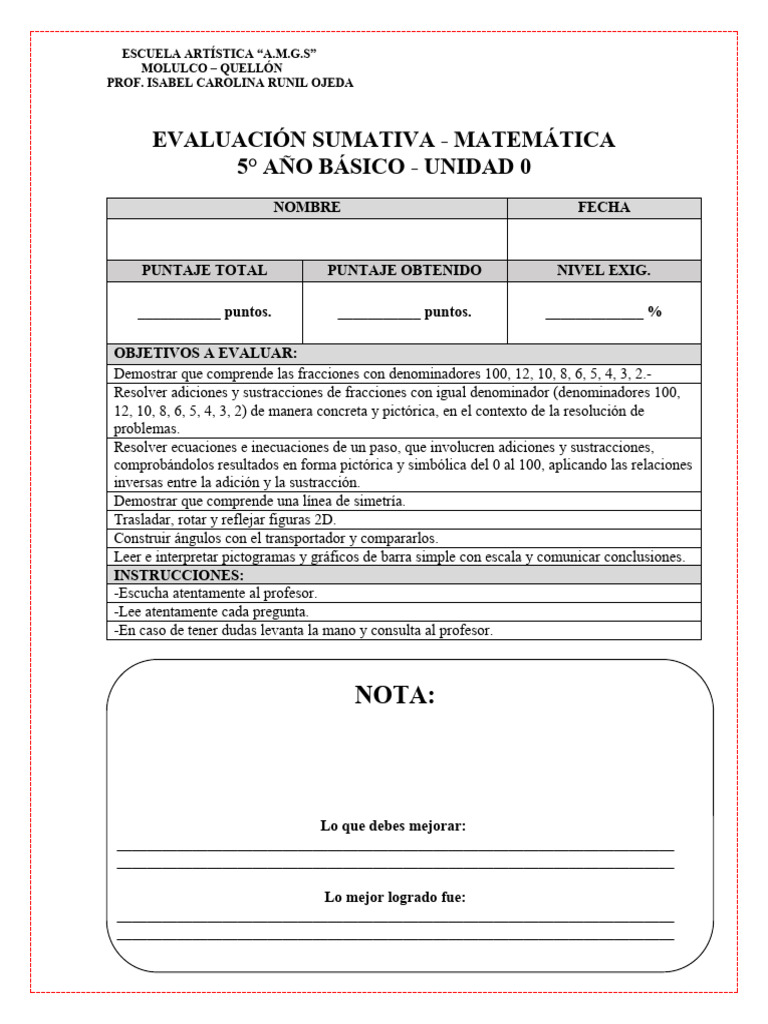 Prueba Sumativa 5° Básico Unidad 0 Pdf Matemáticas 0057