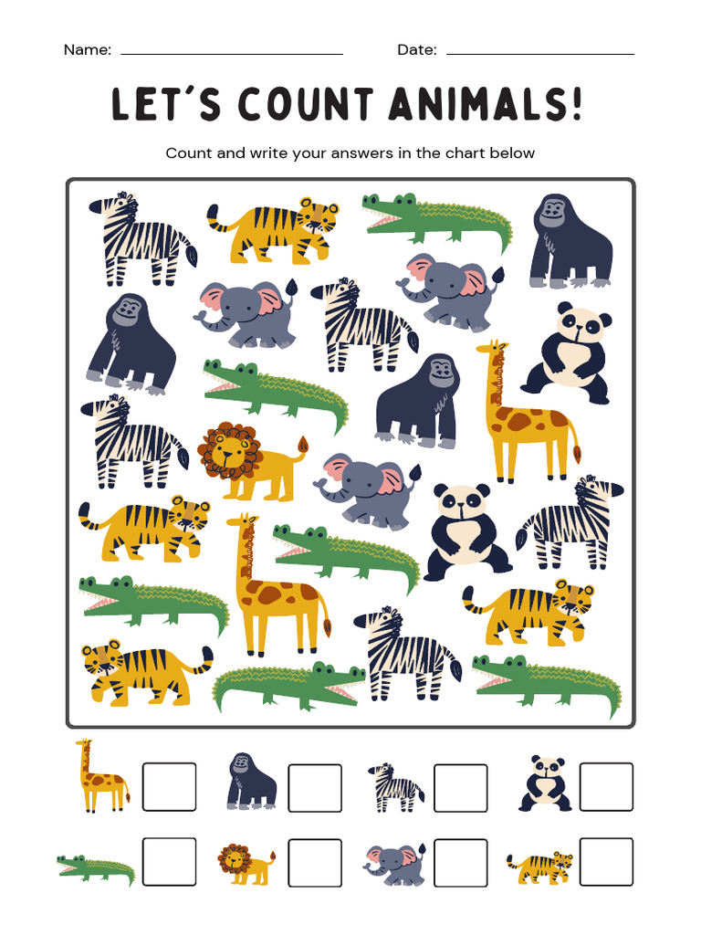 White Colorful Let's Count Animals Worksheet | PDF
