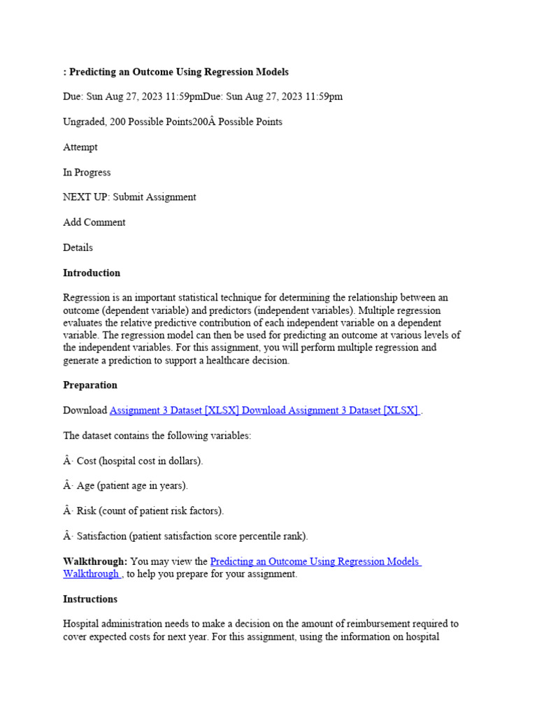 Predicting An Outcome Using Regression ModelsDue - Sun Aug 27 - 2023 1 | PDF | Regression ...