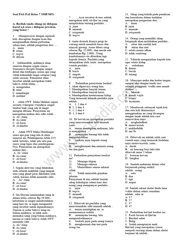 45+ Contoh Soal PAS PAI Kelas 7 SMP MTs Dan Kunci Jawabannya | PDF