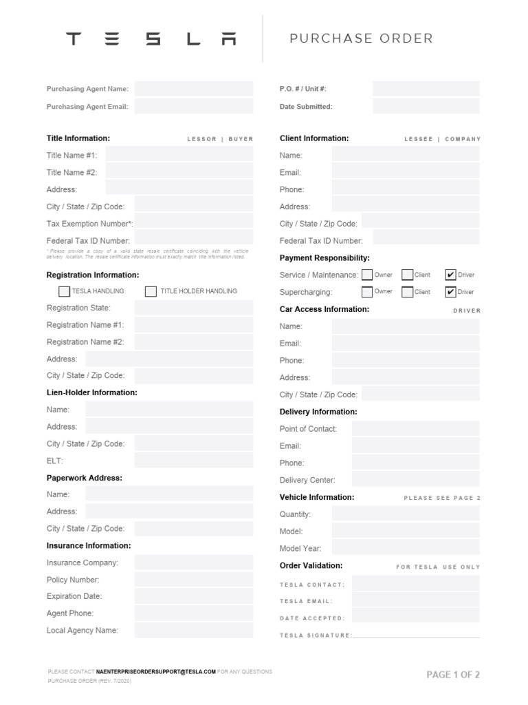 Tesla - Fleet - Purchase Order MVFPA - US | PDF