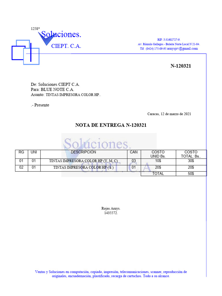 NOTA DE ENTREGA TINTAS HP | PDF