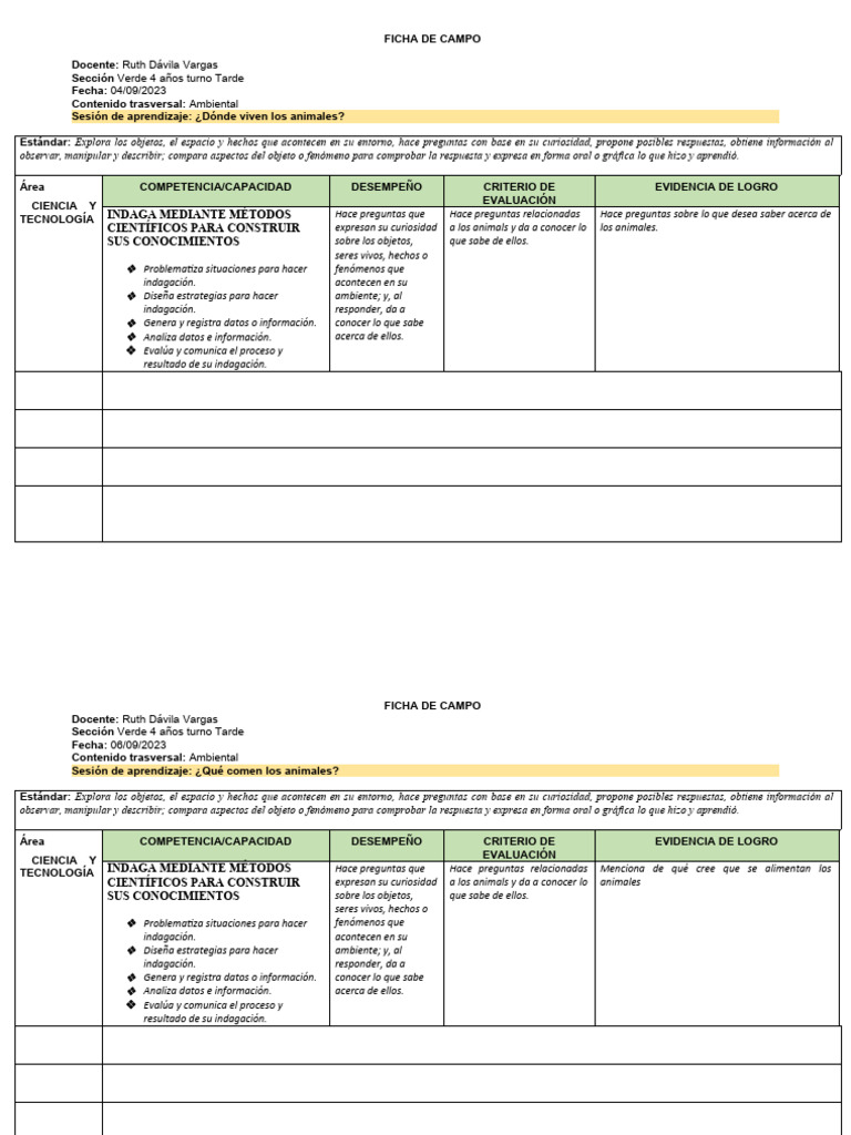 Ficha de Campo 6 Sesiones | PDF