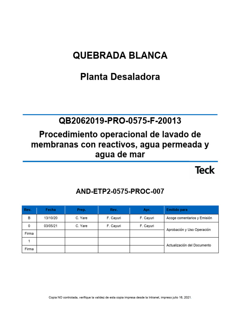 Proc. Op. de Lavado de Membranas Con Reactivos Agua Permeada y Agua de ...