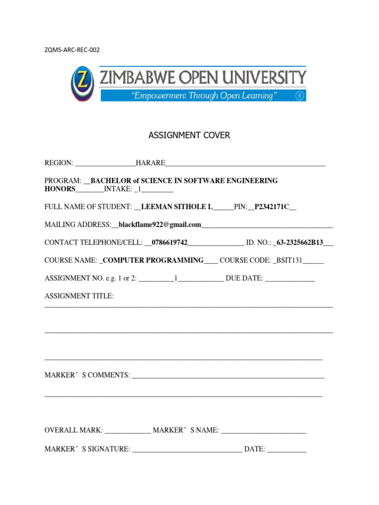 Computer Programming Assignment 1 Leeman Sithole | PDF