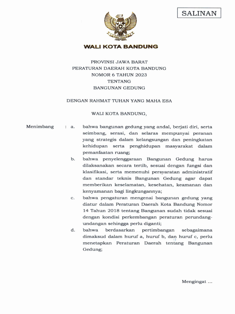 PERDA KOTA BANDUNG No 6 Tahun 2023 Tentang Bangunan Gedung | PDF