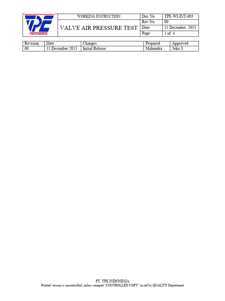 TPE-WI-INT-003 Valve Air Pressure Test | PDF