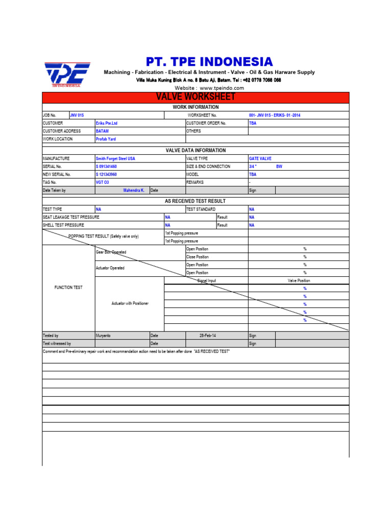 Valve Worksheet 001-JNV 015 | PDF | Valve | Manufactured Goods