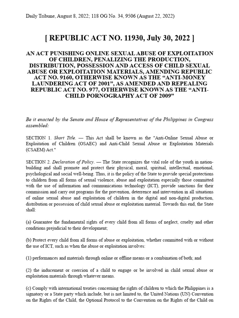 Anti Online Sexual Abuse or Exploitation of Children (OSAEC) | PDF ...