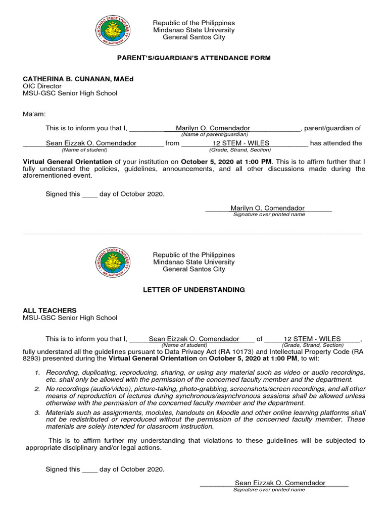 Parent & Student Orientation Acknowledgment | PDF