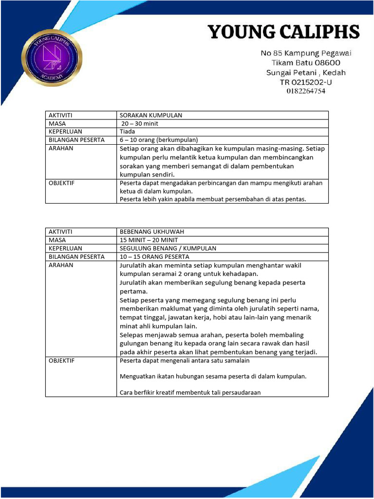 SILIBUS AKTIVITI YCA | PDF