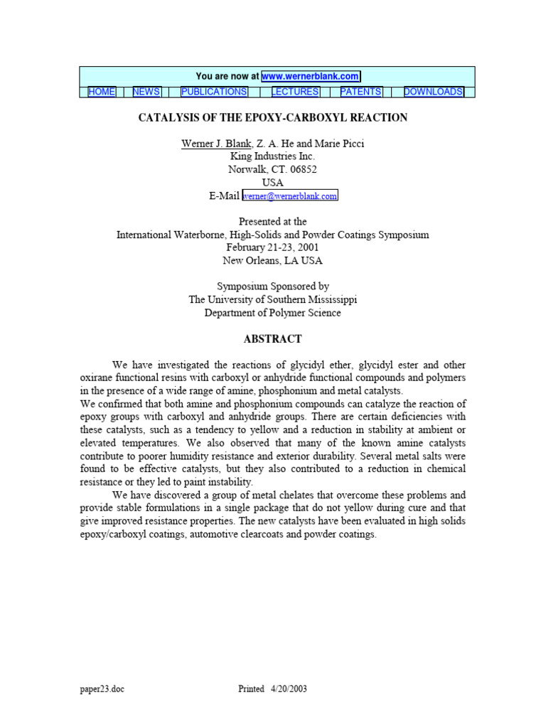 Catalysis of Epoxy-Carboxyl Reaction | PDF | Epoxy | Molecules