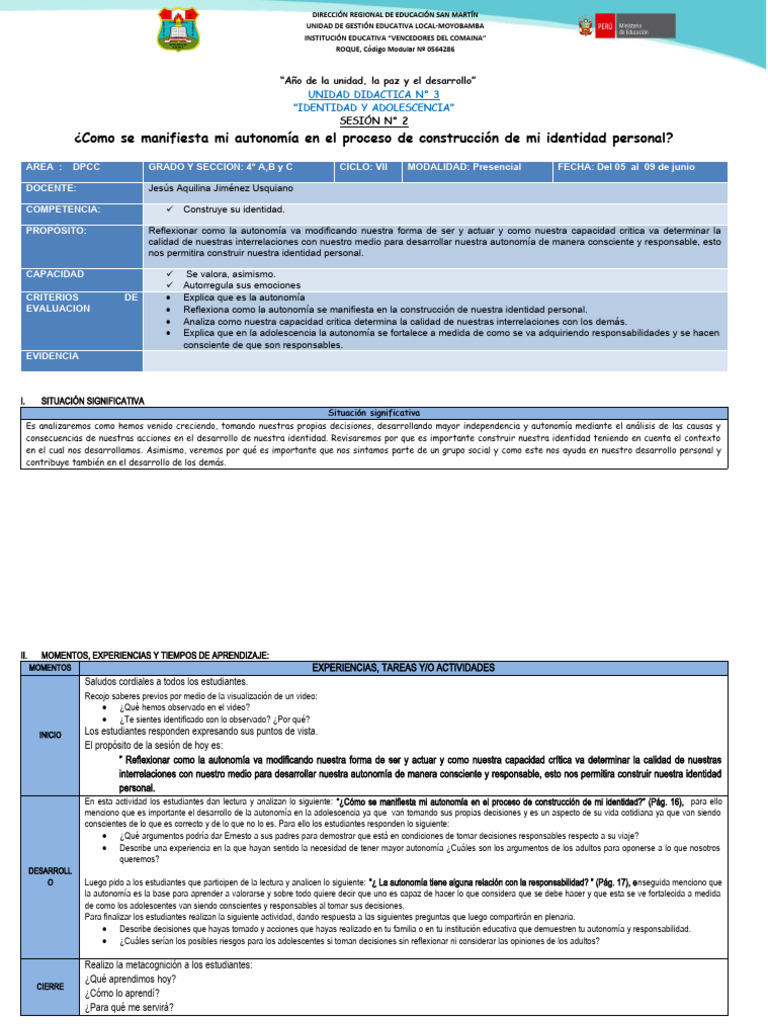 SESION DE APRENDIZAJE #2 - DPCC 4° A, B y C - SEGUNDO BIMESTRE | PDF