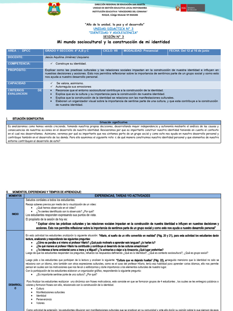 SESION DE APRENDIZAJE N° 3 - DPCC 4° A, B y C - SEGUNDO BIMESTRE | PDF