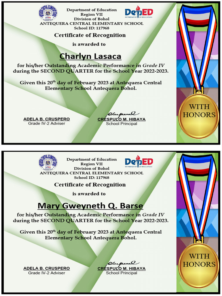 Certificates Academic Achievers Second Quarter | PDF