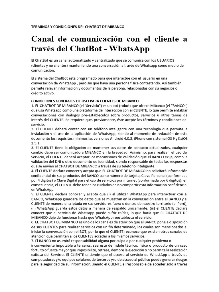TERMINOS Y CONDICIONES DE EL CHATBOT DE MIBANCO | PDF