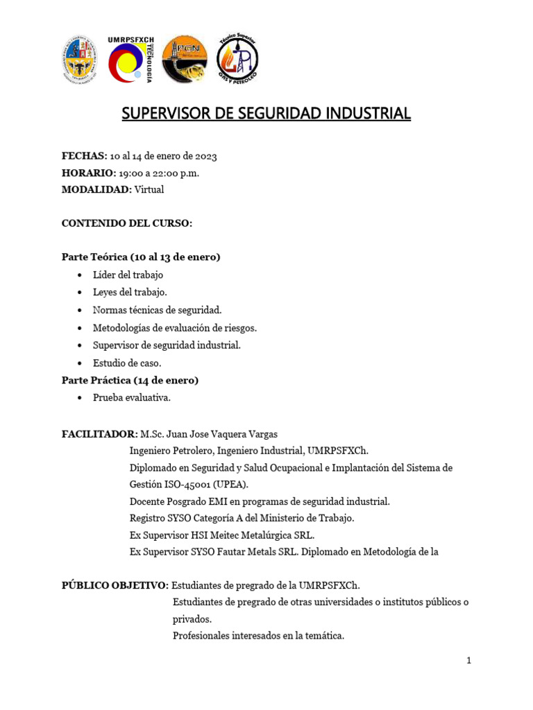 Documento SUPERVISOR DE SEGURIDAD INDUSTRIAL | PDF