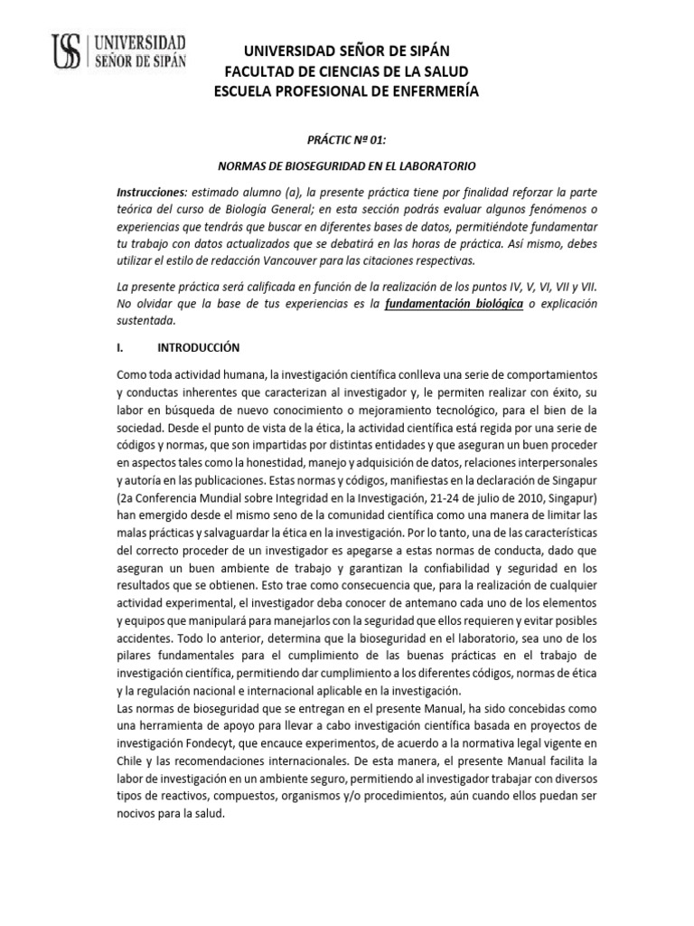 PRÁCTICA 1 Normas de Bioseguridad en El Laboratorio | PDF