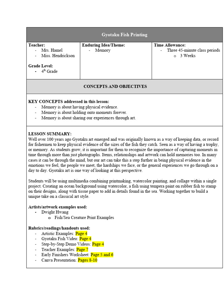 Hendrickson Gyotaku Lessonplan | PDF | Paintings | Experience