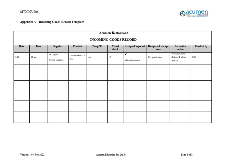 4 - SITXINV006 - Appendix A - Incoming Goods Record - Student (1)-2 | PDF
