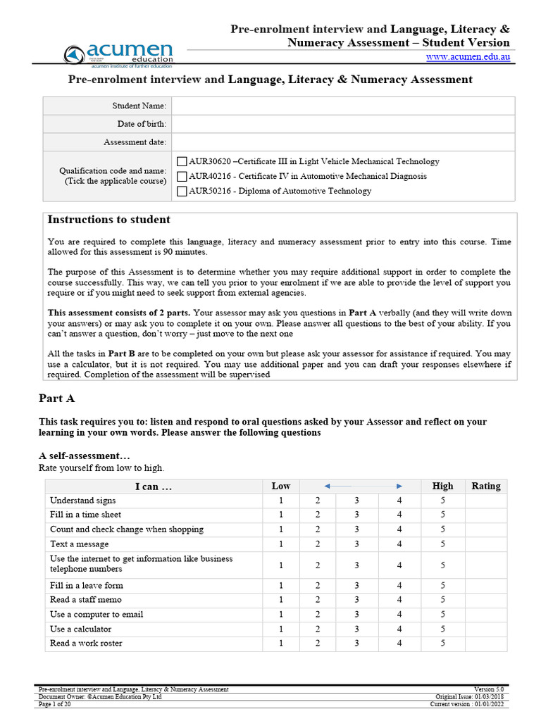 Pre-Interview and Language, Literacy Numeracy Assessment - AUR 3, 4 5 ...