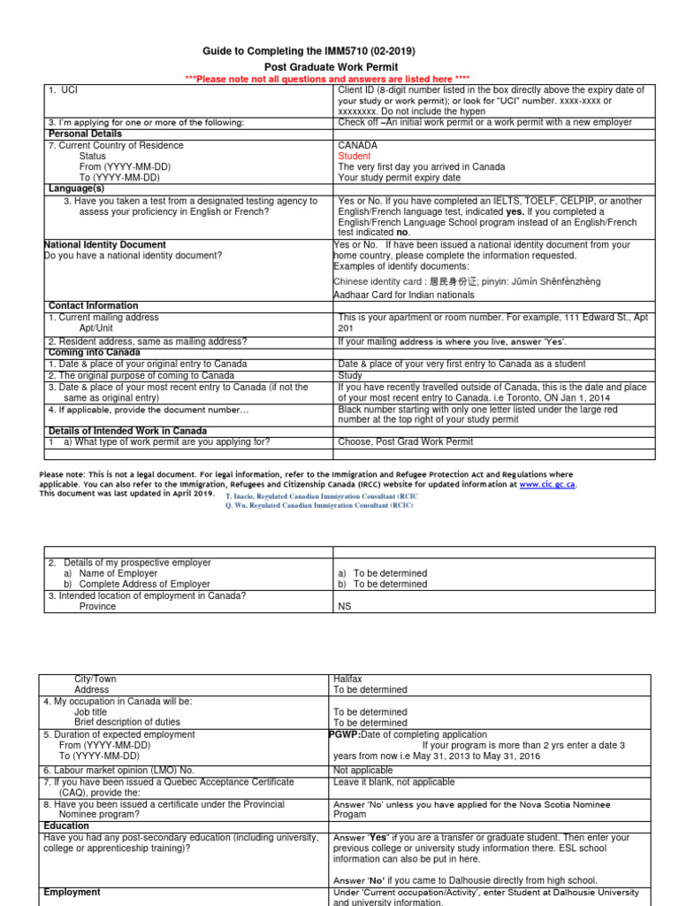 Guide To Completing The IMM 5710 Form Work Permit April 2019 | PDF
