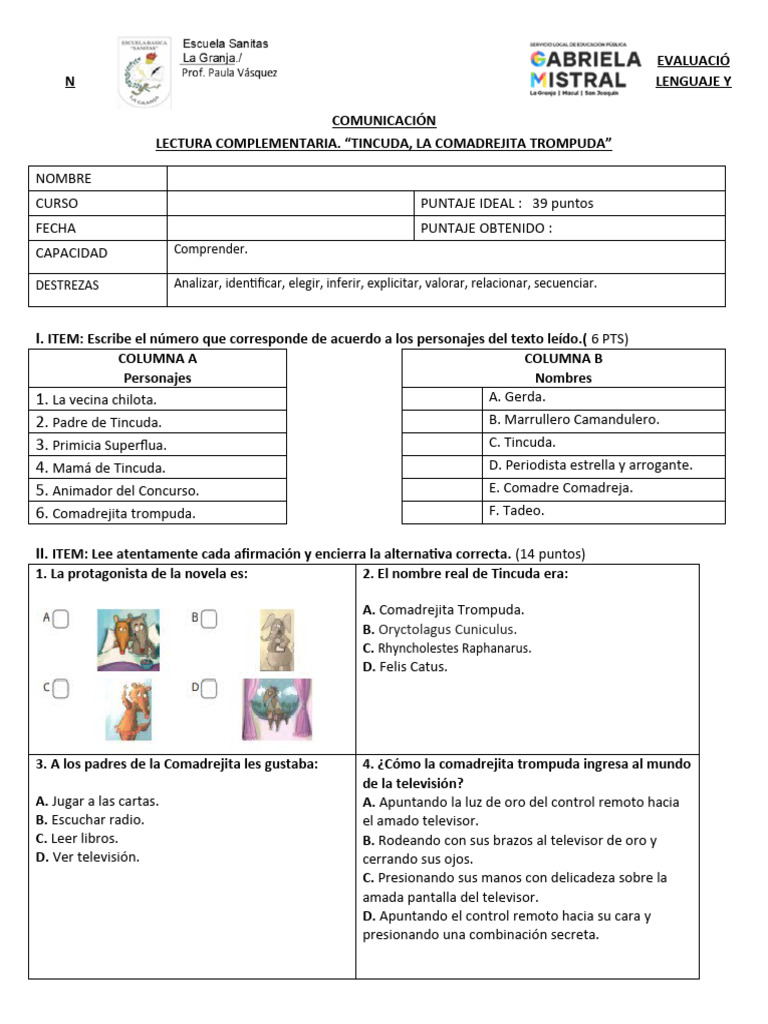 3° Básico Lenguaje Libro Tincuda La Comadrejita Trompuda | PDF