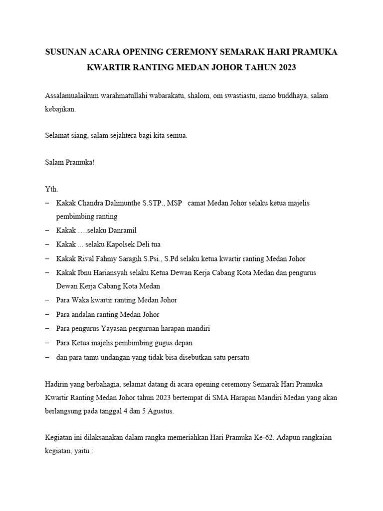 Susunan Acara Opening Ceremony Semarak Hari Pramuka Kwartir Ranting ...