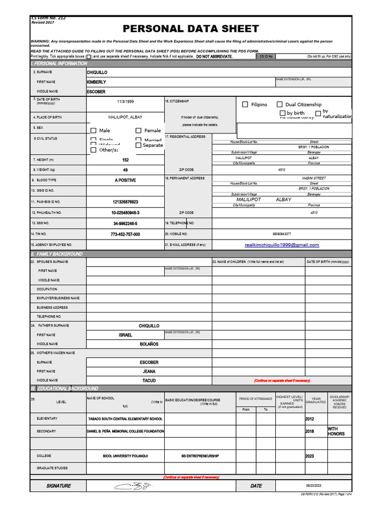 CS Form No. 212 PDS - DAR | PDF | Volunteering | Justice