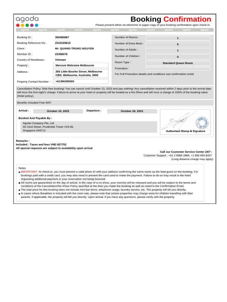 Confirmation For Booking ID # 390480867 | PDF