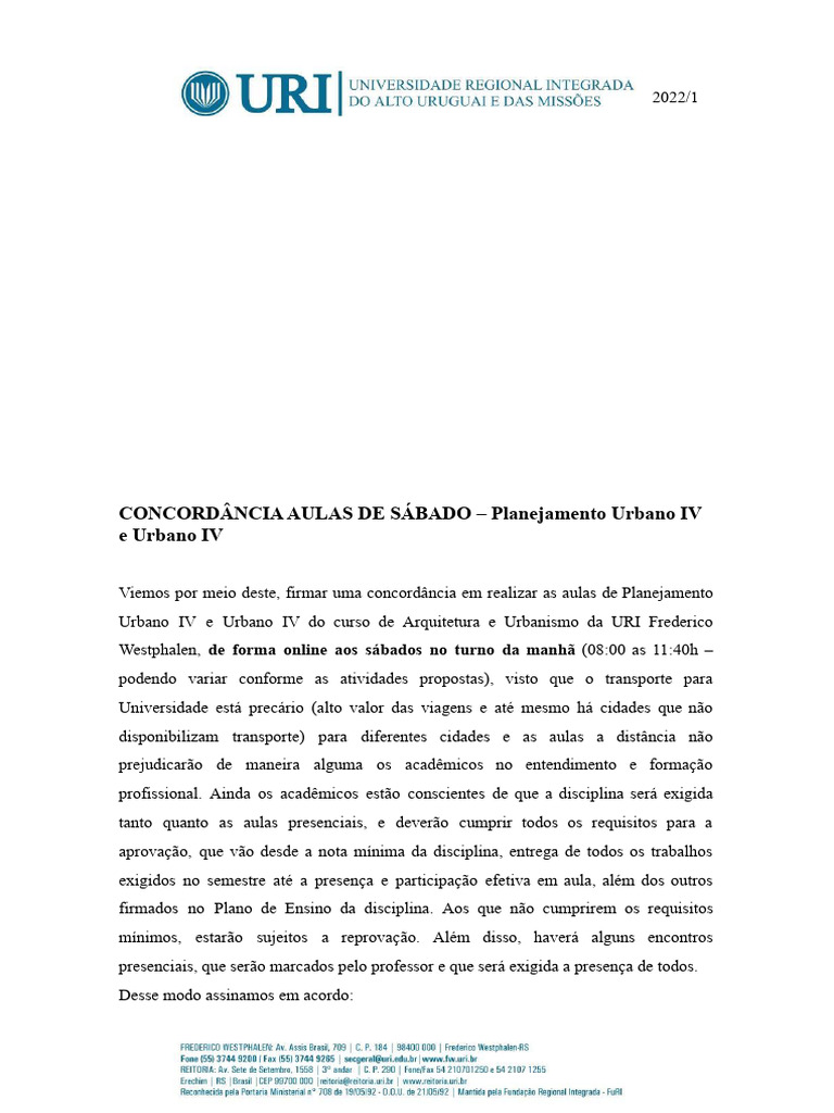 Concordância Aulas de Sábado - Planejamento Urbano Iv e Urbano IV | PDF