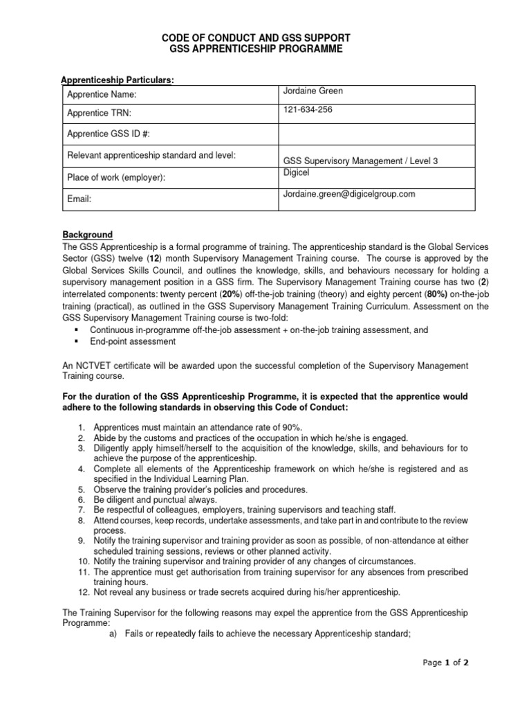 Code of Conduct and GSS Support Apprenticeship Programme | PDF