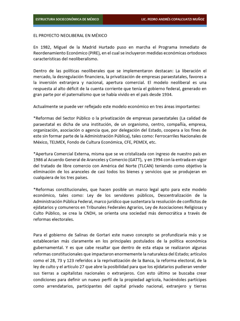 El Proyecto Neoliberal en México | PDF | Neoliberalismo | México