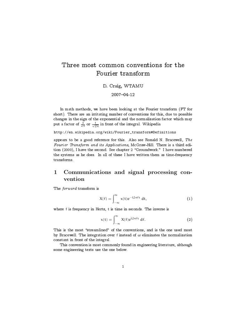Three Most Common Conventions For The Fourier Transform Pdf Fourier Transform Wavenumber