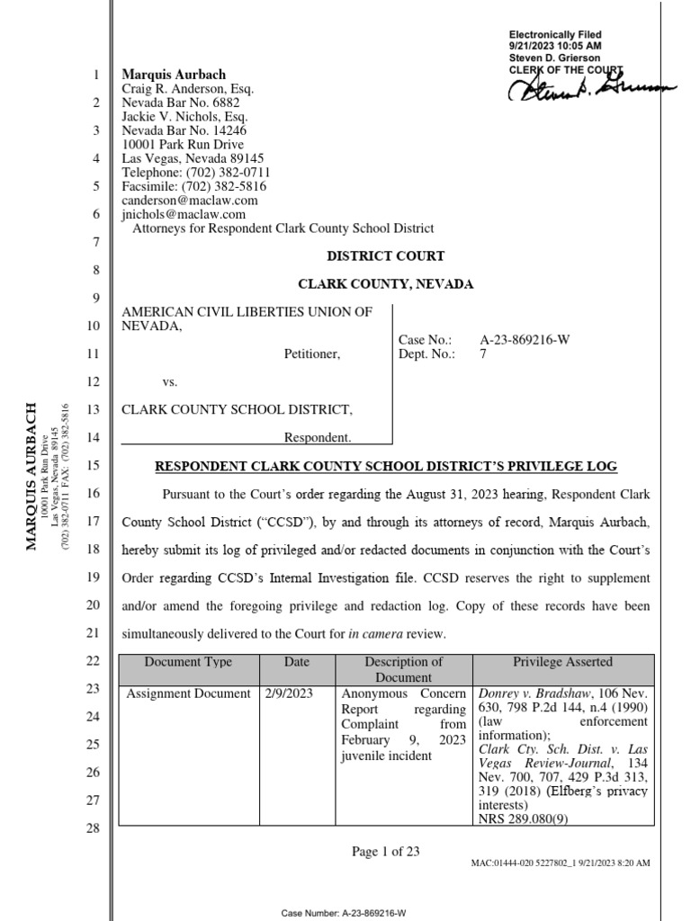 CCSD Privilege Log Submission | PDF