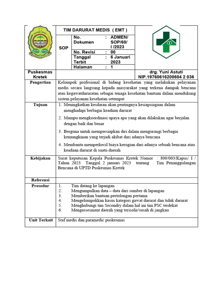 Sop Tim Darurat Medis (Emt) | PDF