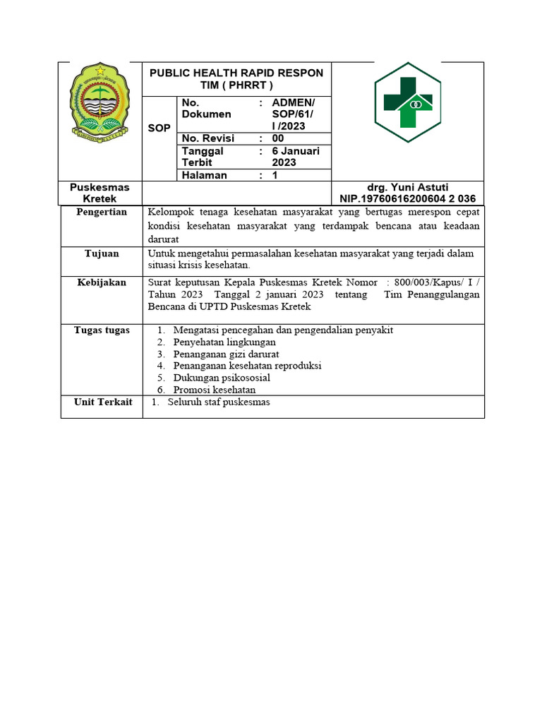 Sop Public Health Rapid Respon Tim (PHRRT) | PDF